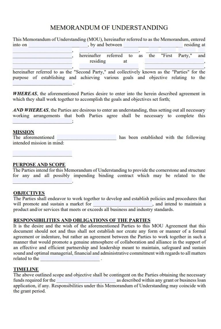 Memorandum of Understanding Agreement Template | Free Agreement Templates