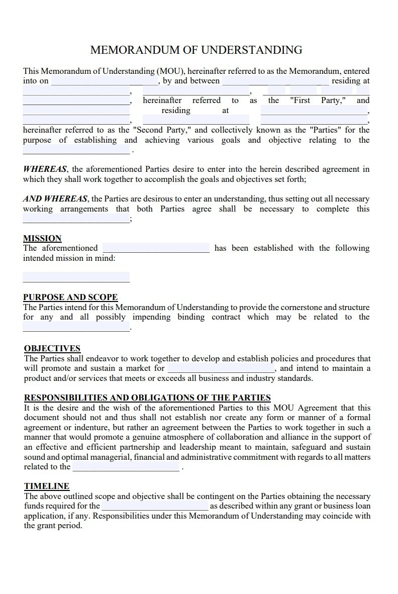 Memorandum of Understanding Agreement Template | Free Agreement Templates