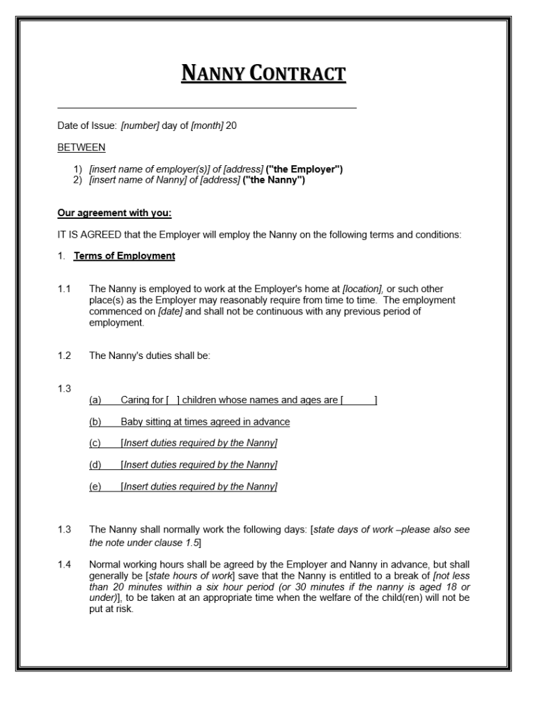 Nanny Contract Template | Free Agreement Templates